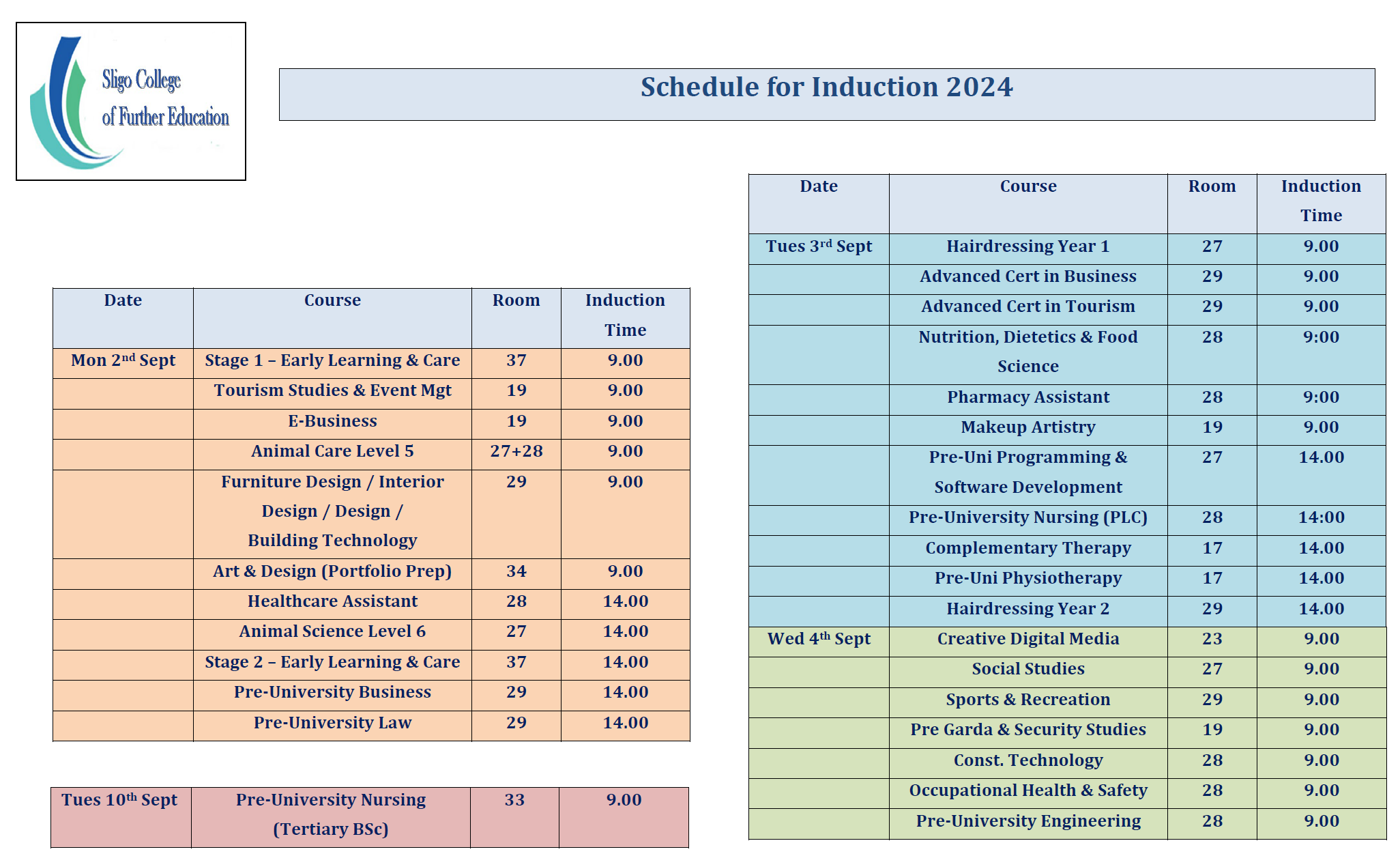 Sligo College of Further Education Induction Schedule 2024